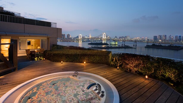 Terraço no telhado com banheira de hidromassagem, deck de madeira e vista para a paisagem urbana, incluindo uma ponte.
