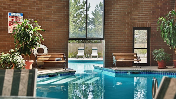 Piscina interior com água cristalina, rodeada por paredes de tijolo, bancos e plantas em vasos.