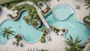 Uma área de piscina com design sinuoso, espreguiçadeiras e palmeiras.