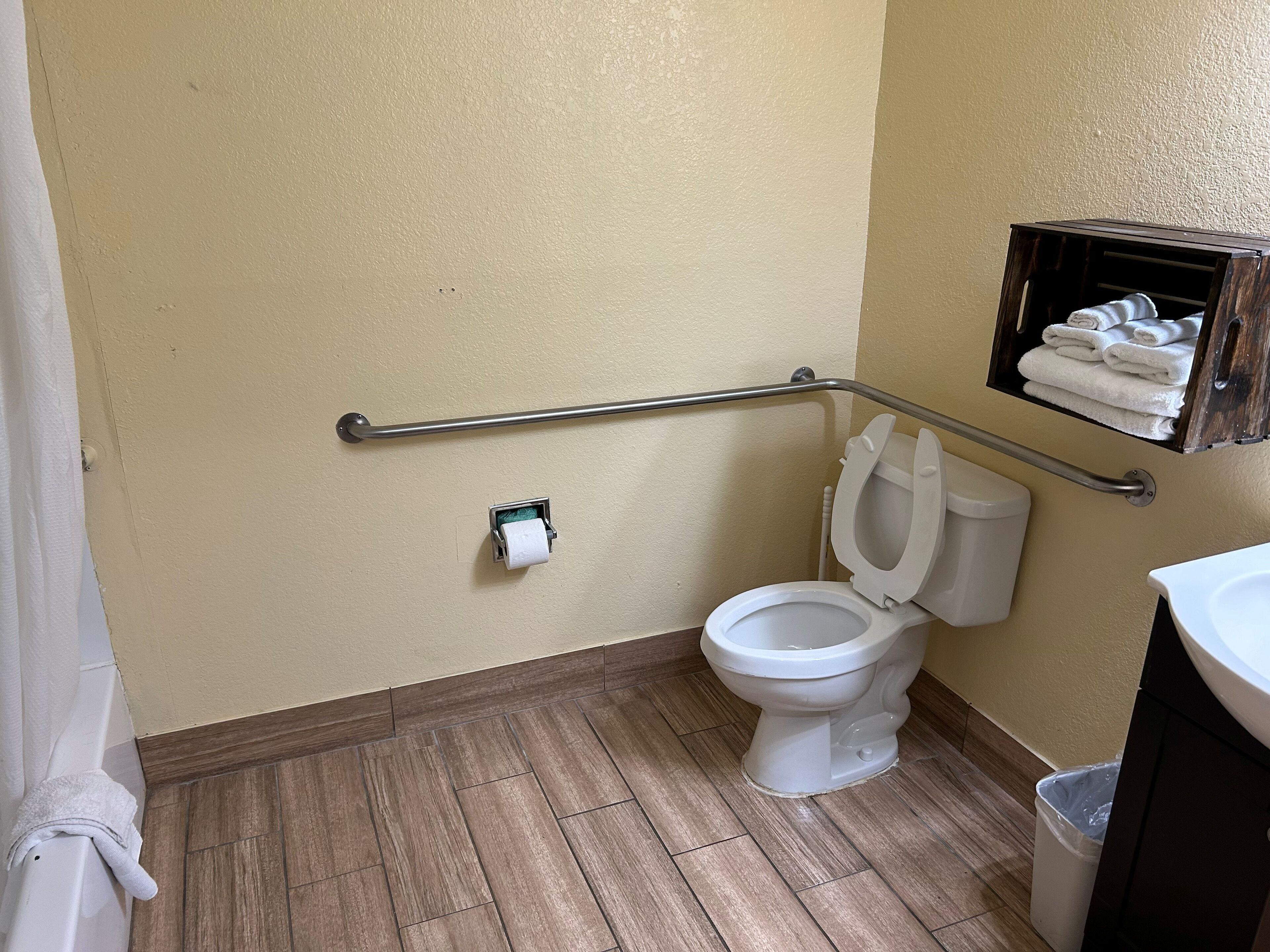 Quarto casal standard, 2 camas Queen, banheira adaptada | Banheiro | Produtos de toalete grátis, secador de cabelo (mediante solicitação)