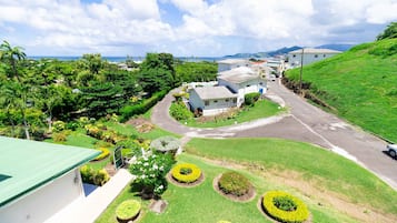 Um bairro residencial com casas, uma estrada sinuosa e vista para o oceano.