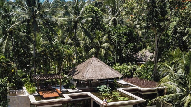 Uma villa moderna com piscina, área de estar externa e exuberante paisagem tropical.