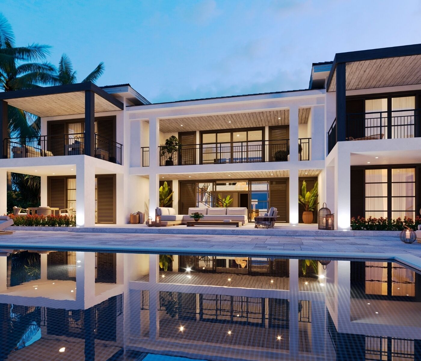 Uma casa moderna de vários andares com piscina, varandas e área de estar ao ar livre.