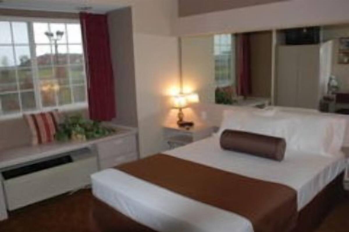 Quarto de hotel com uma cama grande, uma mesa de cabeceira com abajur, uma janela com cortinas e vista para o exterior.