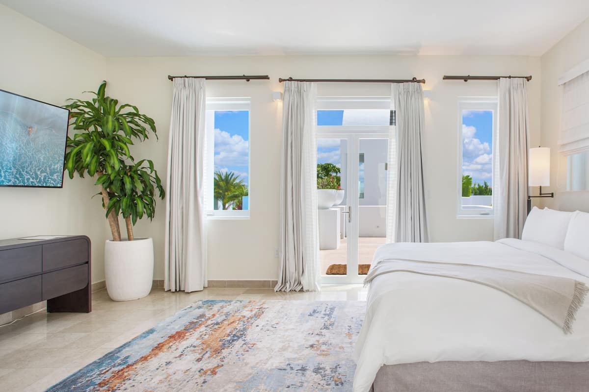 Quarto de hotel moderno com uma cama grande, um vaso de plantas, vista para o exterior e um quadro na parede.