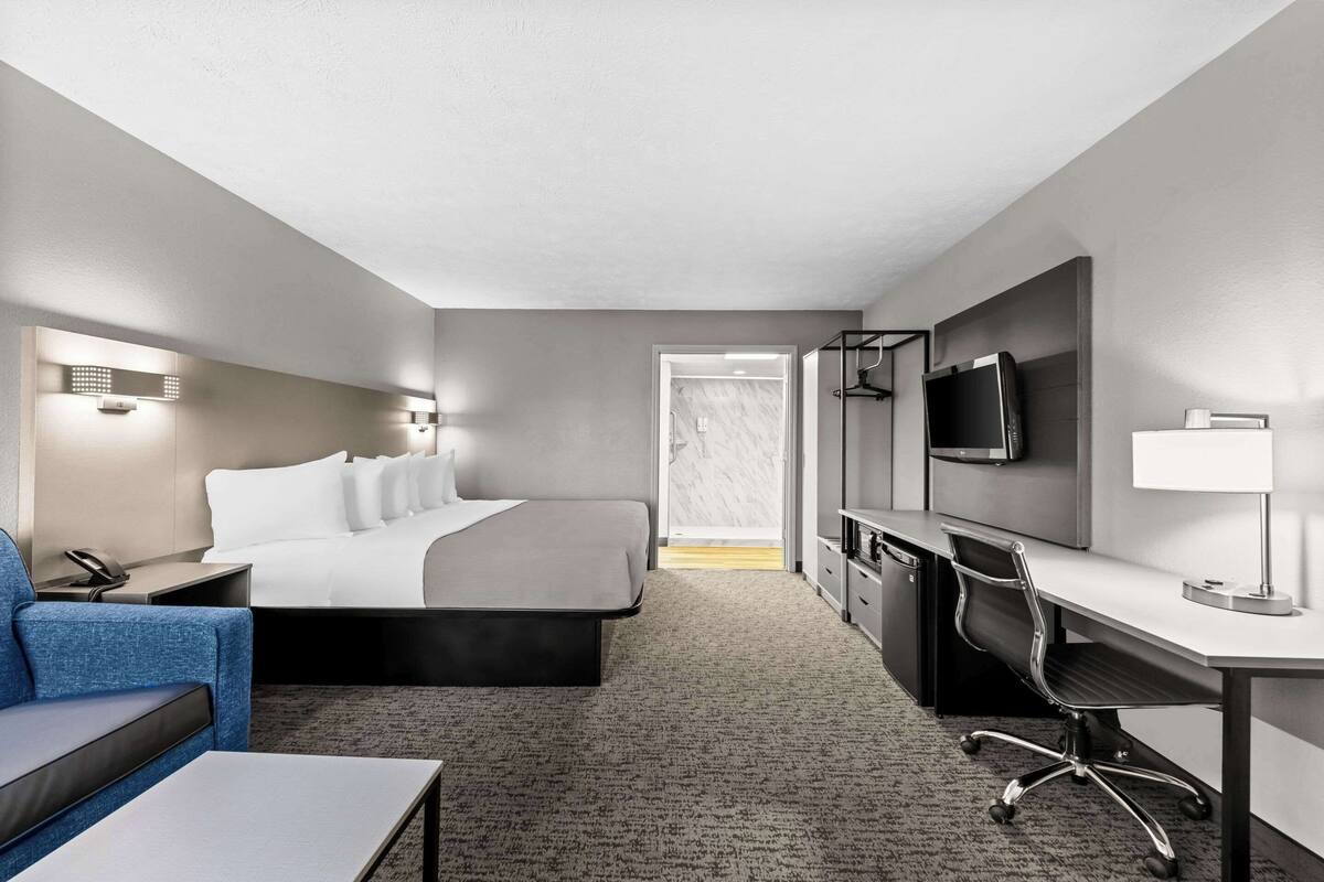 Quarto de hotel com uma cama, escrivaninha, cadeira, televisão e luminária.