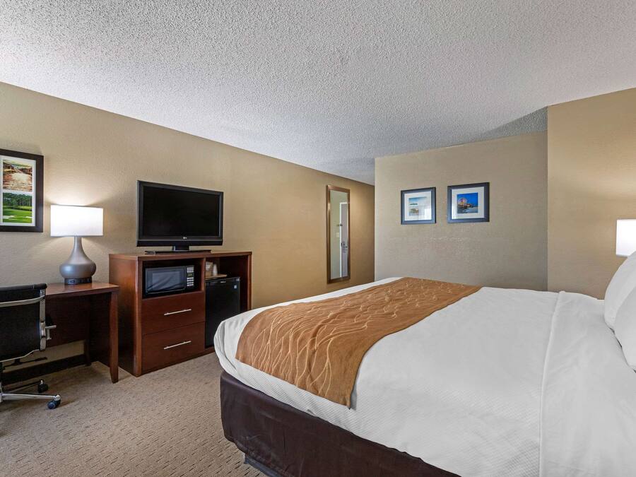 Quarto de hotel com uma cama, uma escrivaninha com computador, TV e micro-ondas.