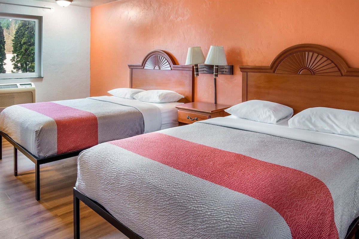 Quarto de hotel com duas camas, cada uma com colcha estampada, cabeceira de madeira, mesas de cabeceira com luminárias e uma janela com vista para árvores.