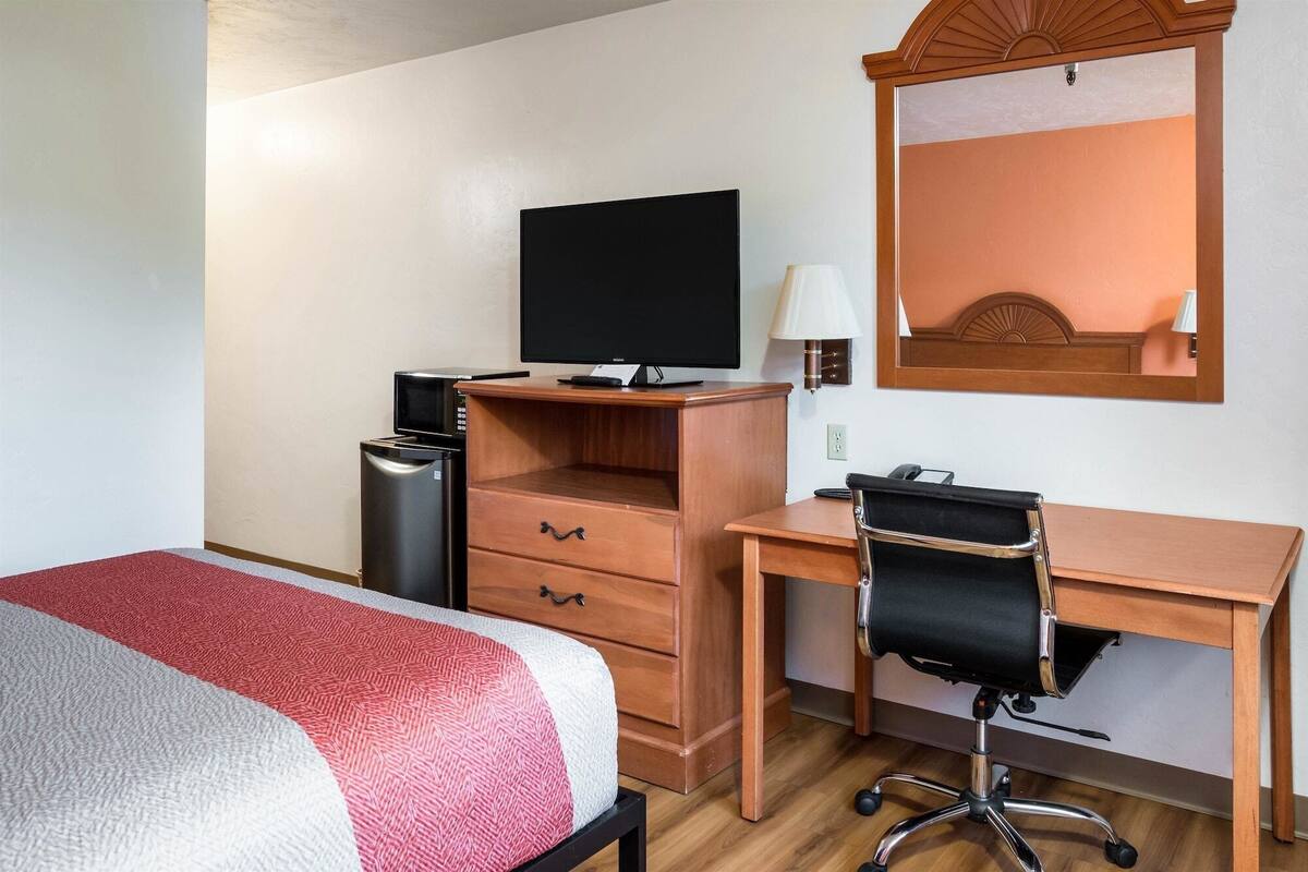 Quarto de hotel com cama, escrivaninha com cadeira, televisão, espelho, luminária e minibar.
