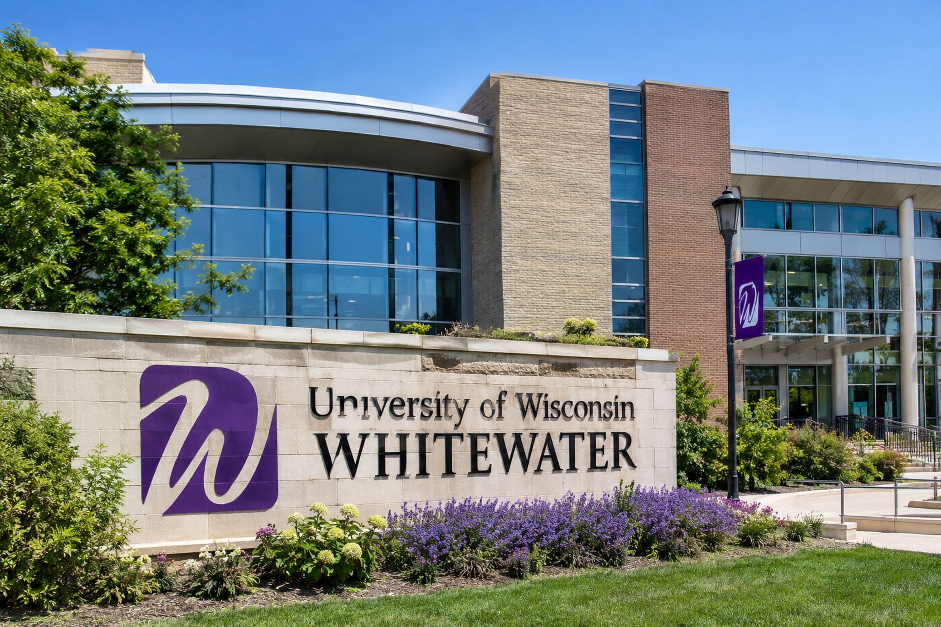 Um edifício com uma placa indicando a Universidade de Wisconsin em Whitewater.