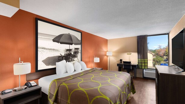 Quarto de hotel com cama, escrivaninha, cadeira, televisão, janela com vista e um quadro na parede.