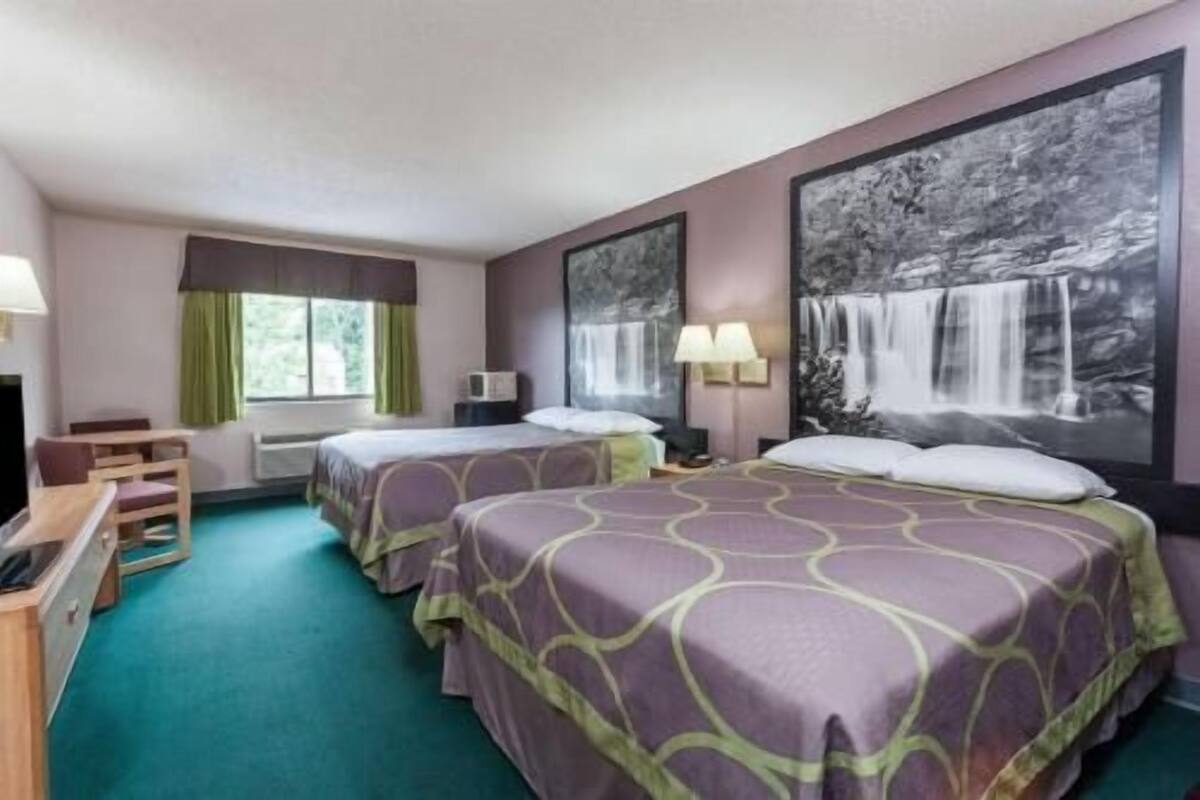 Quarto de hotel com duas camas, uma escrivaninha, uma cadeira, uma TV e uma grande pintura de uma cascata na parede.