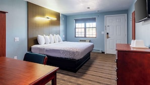 Quarto de hotel com cama, escrivaninha, cadeira, televisão e janela.