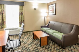 Quarto de hotel com sofá, mesa de madeira, cadeira, tapete estampado e janela com cortinas.