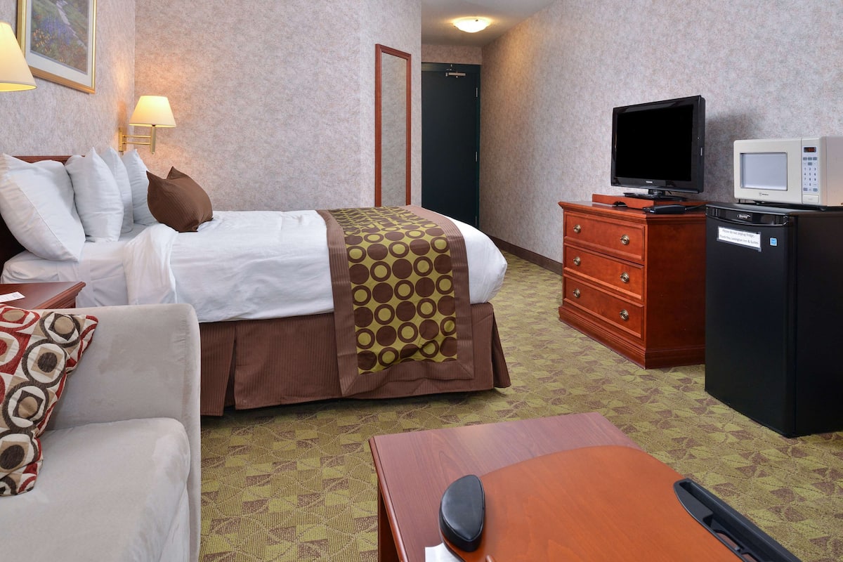 Quarto de hotel com cama, cómoda de madeira, televisão e micro-ondas.
