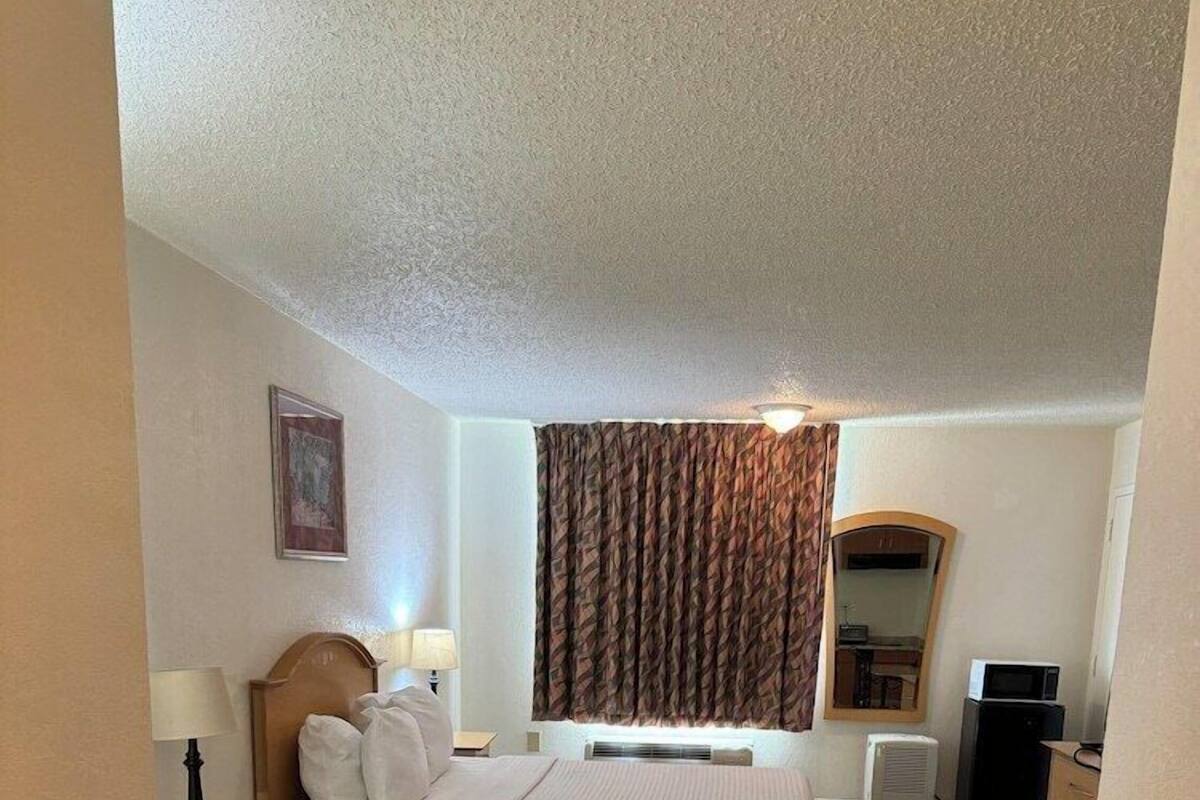 Quarto de hotel com cama, mesas de cabeceira, espelho, aquecedor e área de cozinha compacta.
