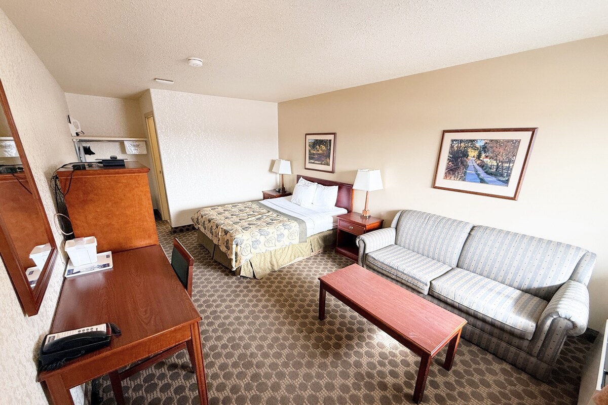 Quarto de hotel com cama, sofá, escrivaninha, cadeira, mesa de centro, cômoda e abajur.