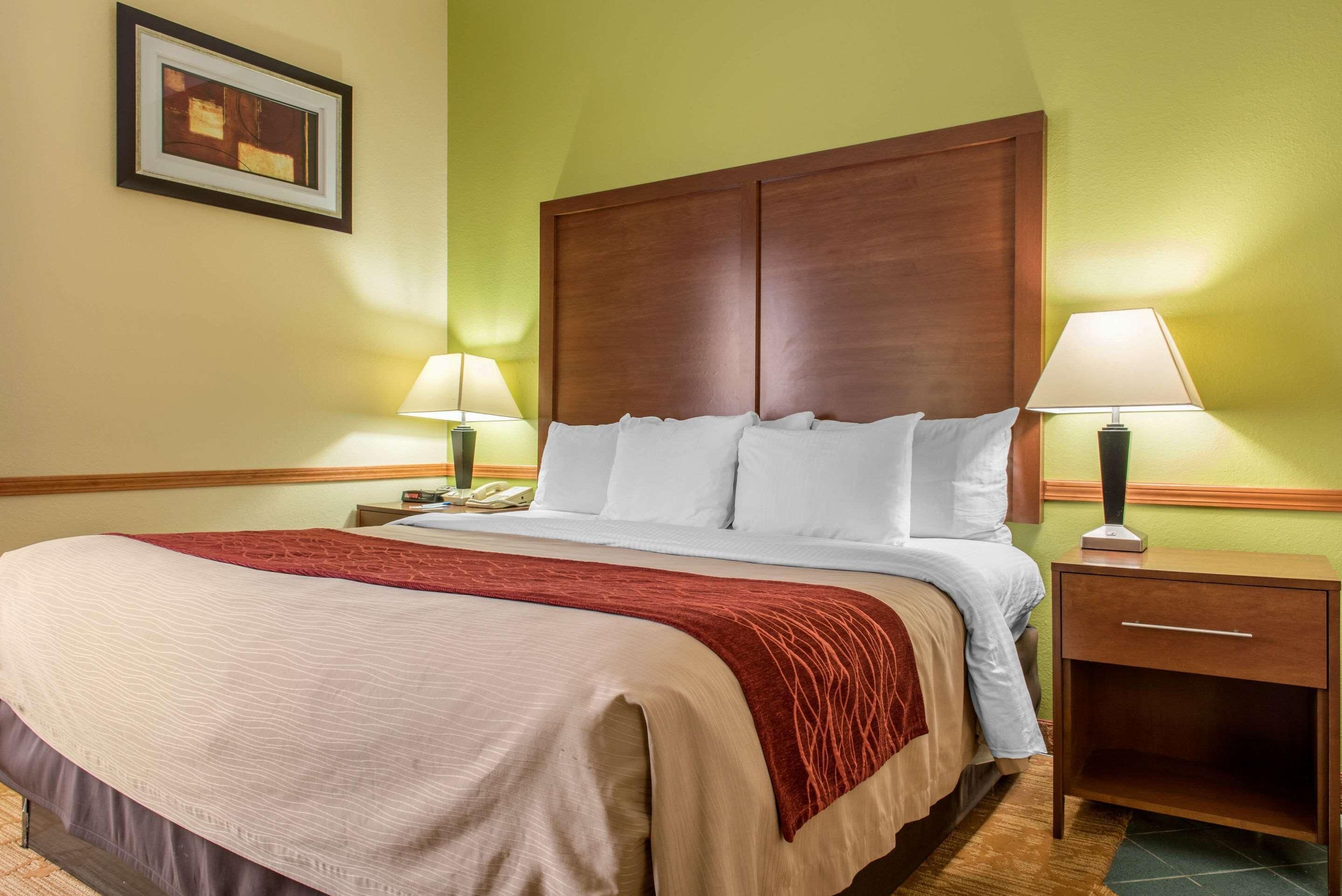 Quarto de hotel com cama, duas mesas de cabeceira, abajur, quadro na parede e manta vermelha.