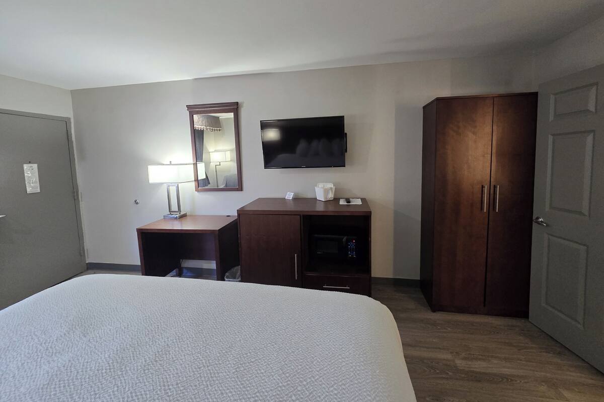 Quarto de hotel com cama, escrivaninha com luminária, televisão, guarda-roupa e micro-ondas.