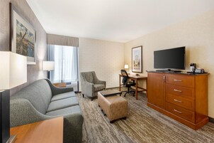 Quarto de hotel com sofá, escrivaninha, televisão e armário.