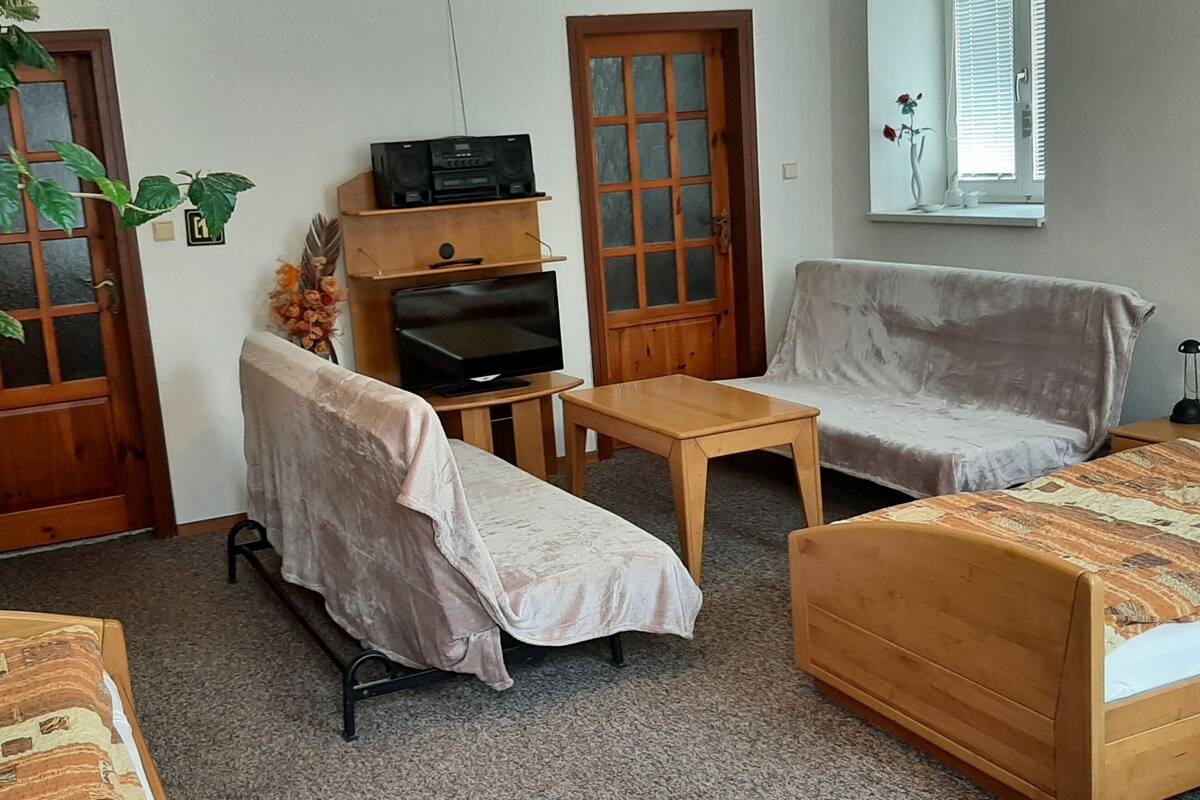 Um quarto acolhedor com uma cama, um sofá, uma televisão e um armário de madeira.