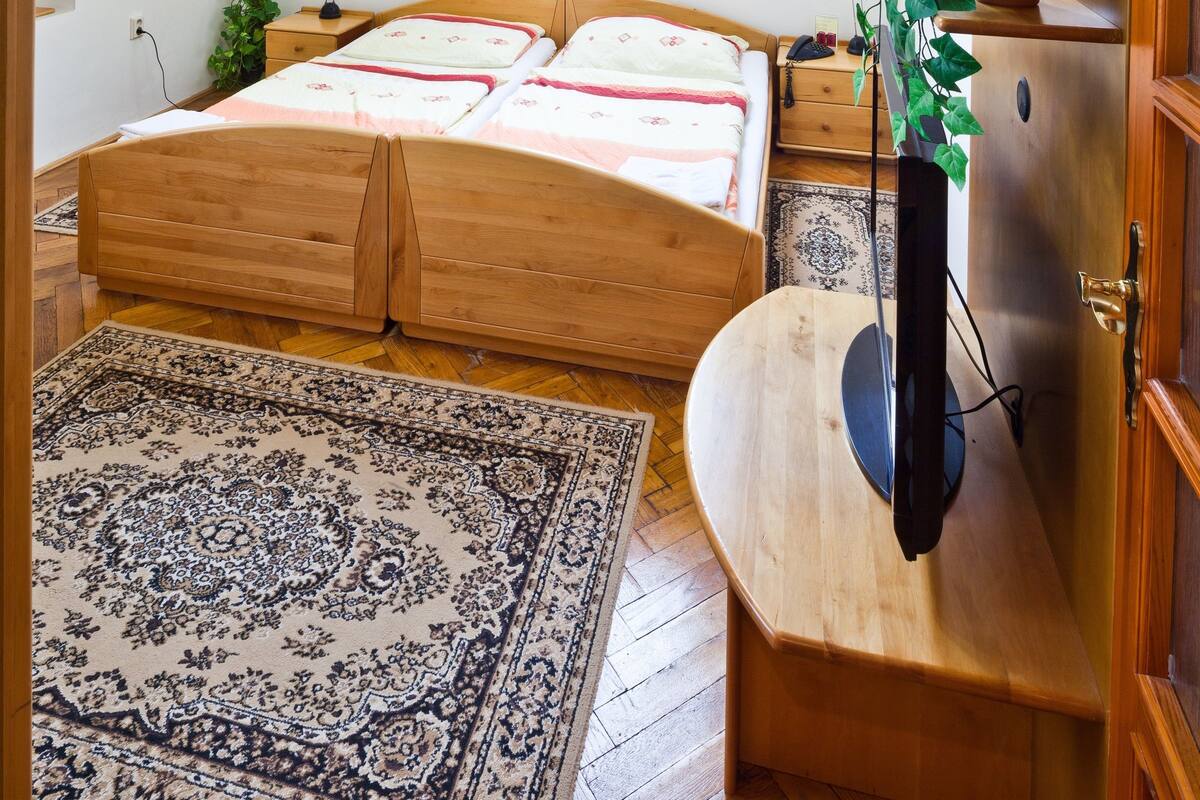 Quarto com cama de madeira, claraboia, planta em vaso e tapete tradicional.