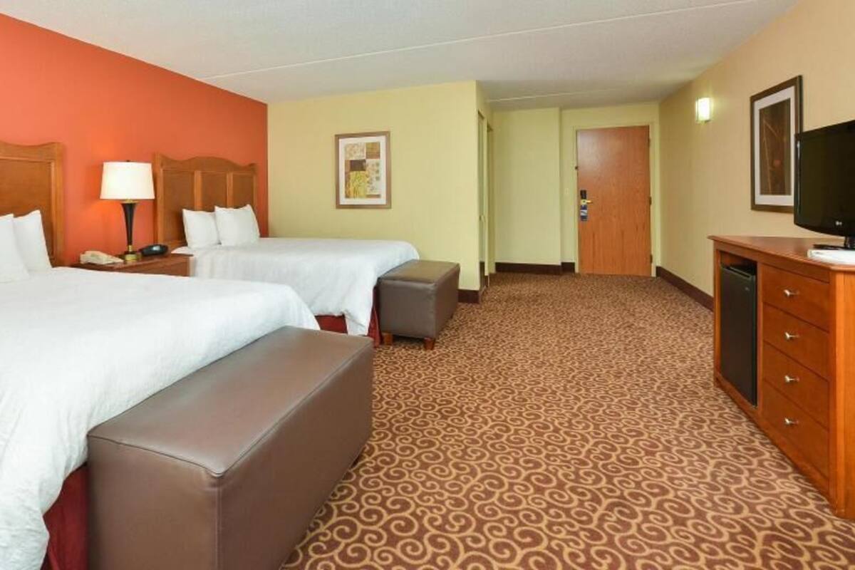Quarto de hotel com duas camas, uma escrivaninha, uma televisão e um tapete estampado.
