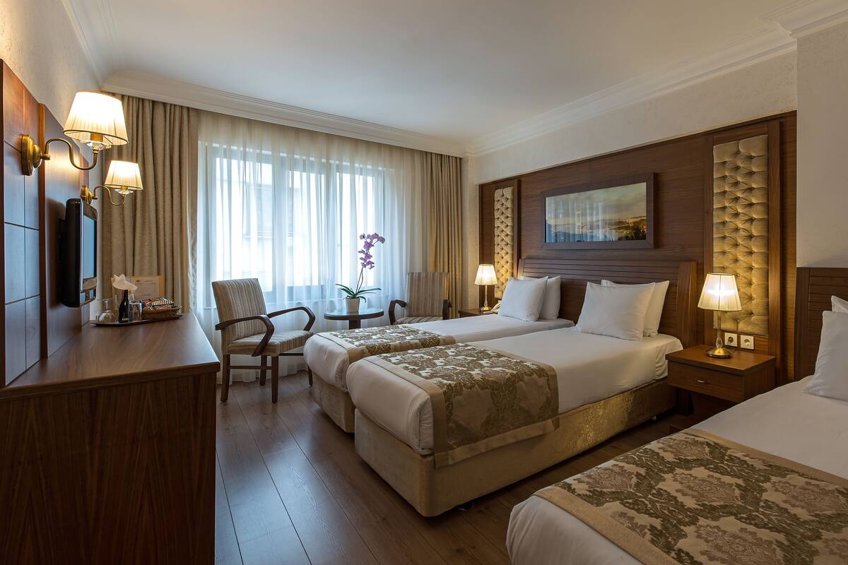 Quarto de hotel com duas camas, uma escrivaninha, uma cadeira, uma pequena mesa com abajur e um vaso com planta.
