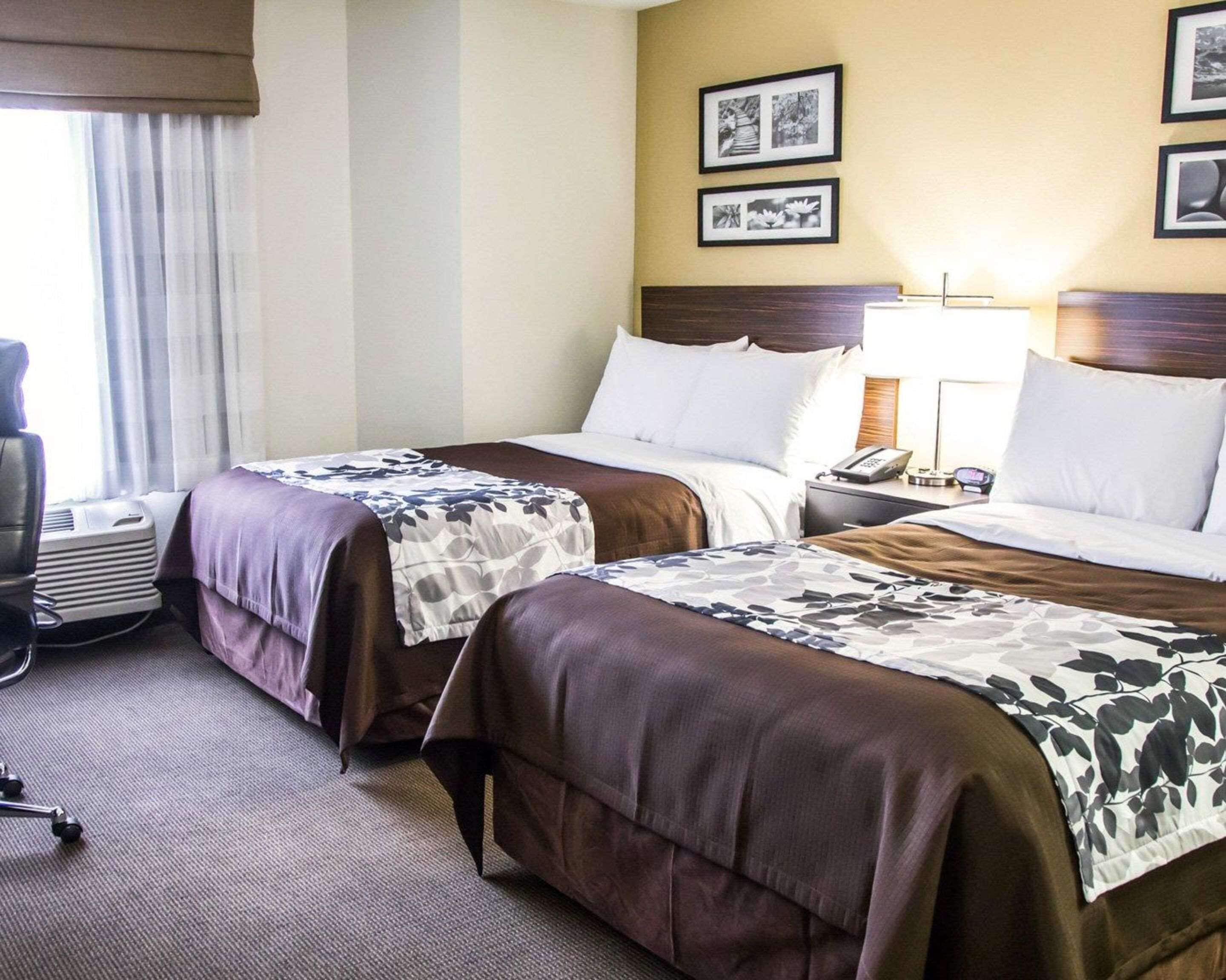 Quarto de hotel com duas camas, uma escrivaninha, uma cadeira e um abajur.