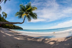 Na praia, areia branca, serviço de traslado de/para a praia grátis 