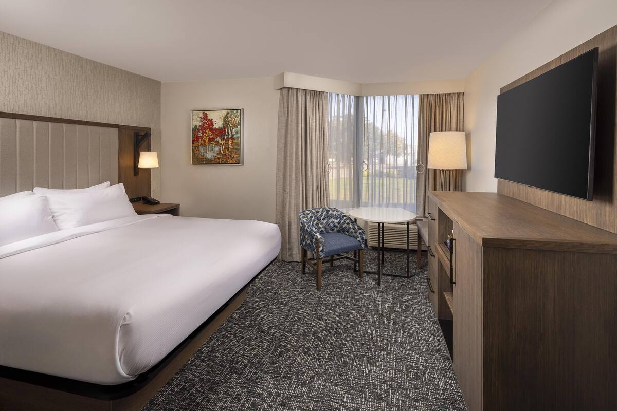 Quarto de hotel com uma cama grande, uma escrivaninha com cadeira, uma TV e um quadro na parede.