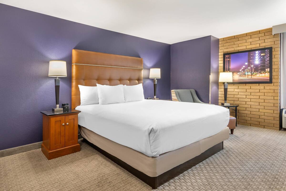 Quarto de hotel com uma cama grande, duas mesas de cabeceira e um quadro na parede.