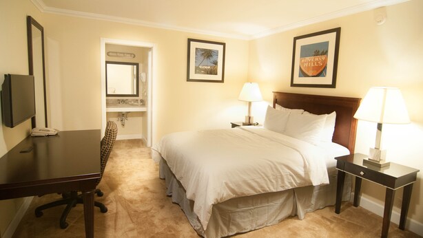 Quarto de hotel com uma cama, duas luminárias de cabeceira, uma escrivaninha com cadeira, televisão e um quadro na parede.