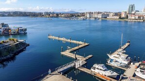 Uma marina com barcos atracados, um cais e um horizonte urbano ao fundo.
