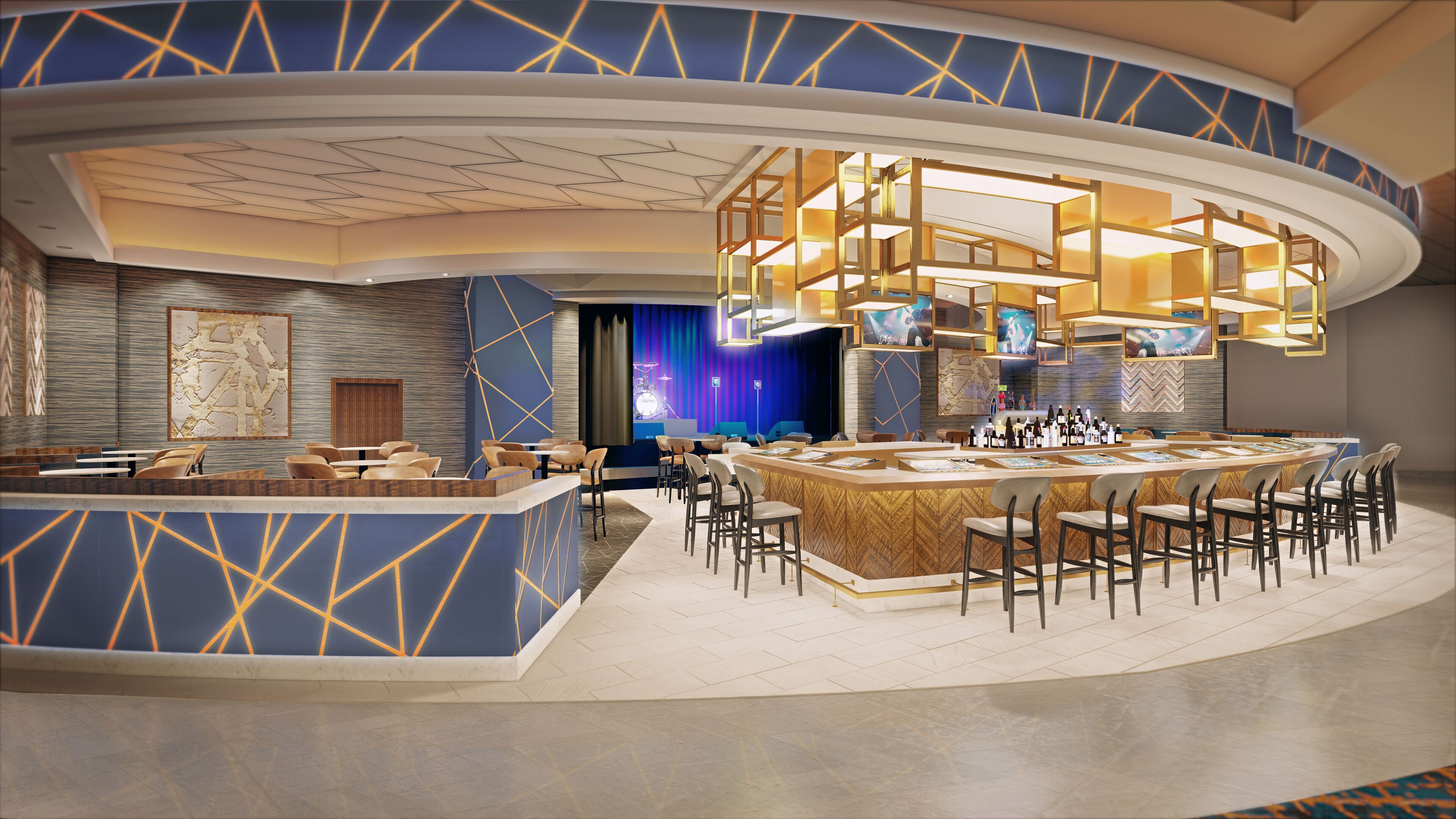 Um lobby moderno de hotel com área de bar central, disposição de assentos e palco para apresentações.