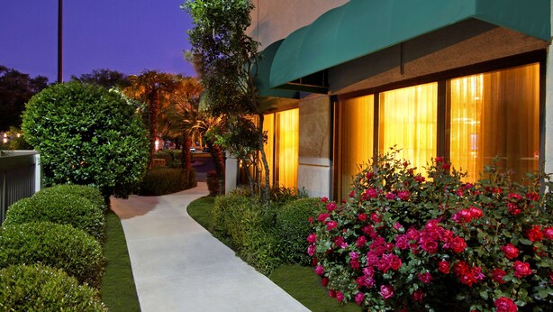 Uma entrada de hotel bem iluminada, com um caminho que leva ao edifício, cercada por sebes bem aparadas e flores em flor.
