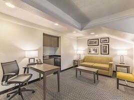 Quarto de hotel com cozinha compacta, sofá, mesa de jantar e uma cadeira.