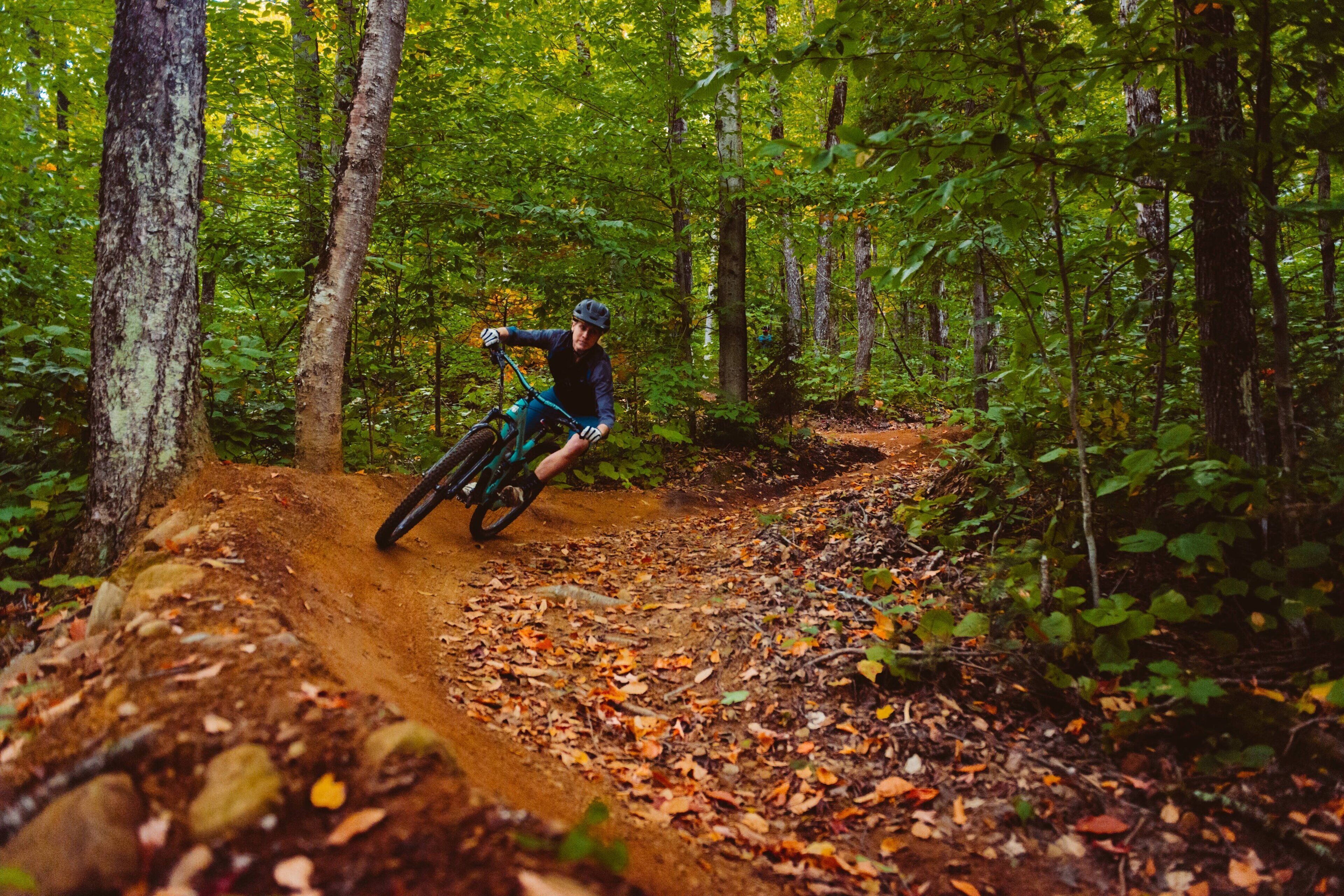 Ciclista de montanha numa trilha de terra, rodeado por uma floresta densa.