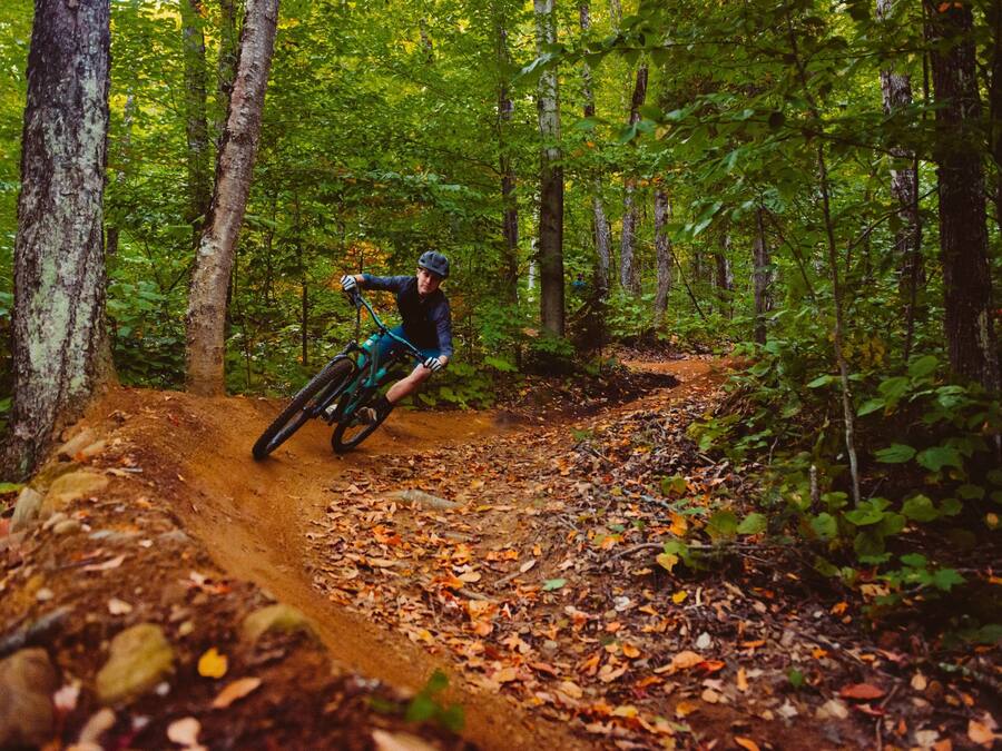 Ciclista de montanha numa trilha de terra, rodeado por uma floresta densa.