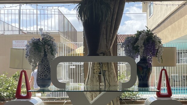 Balcão de recepção moderno com tampo de vidro, ladeado por duas plantas em vasos e um grande número decorativo '2'.