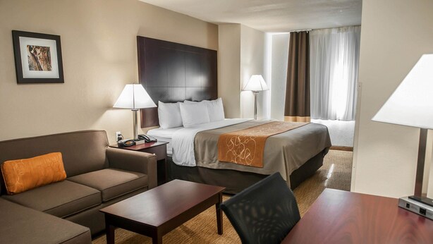 Quarto de hotel com cama, sofá, mesa e duas luminárias.