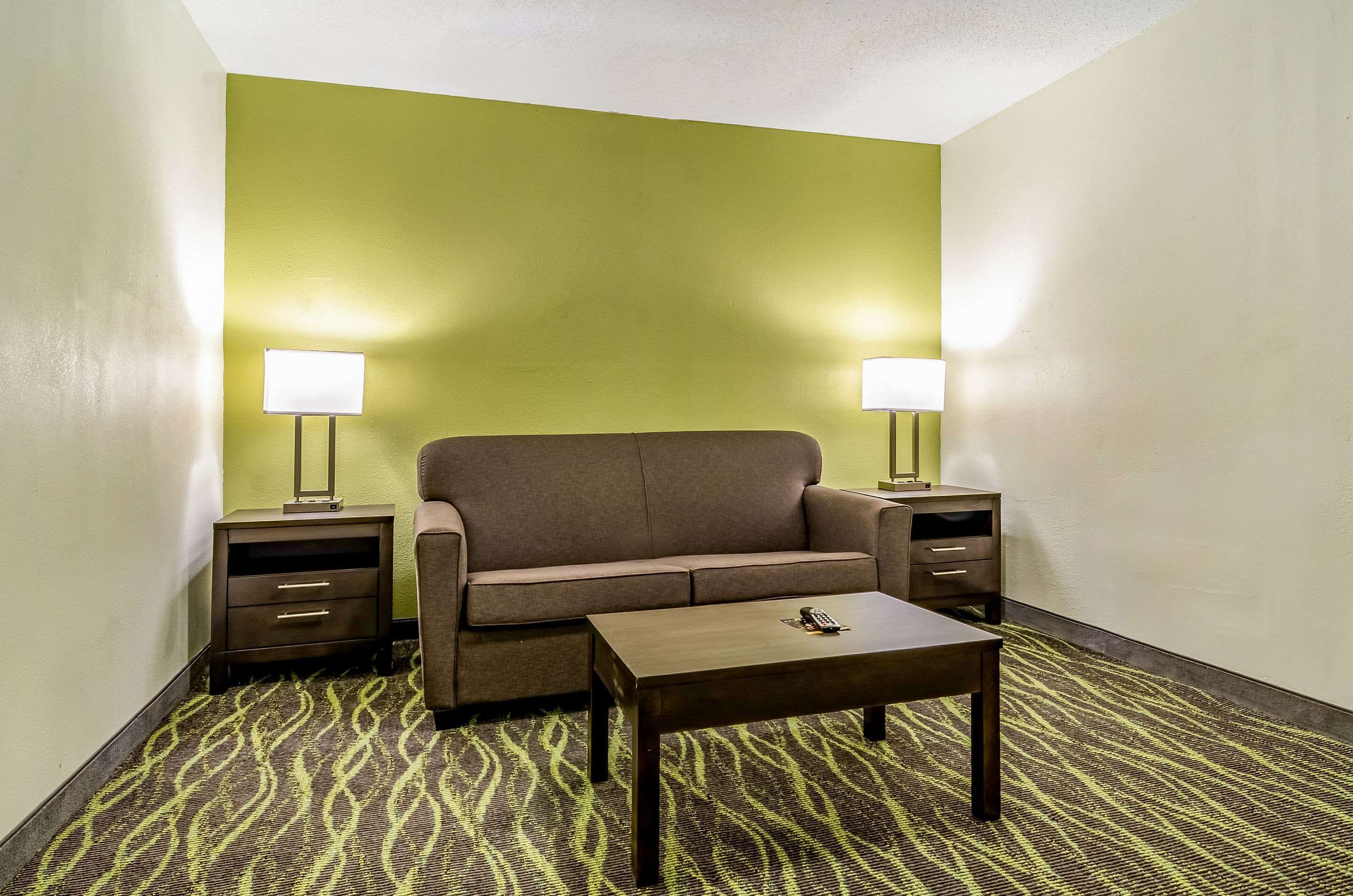 Quarto de hotel com uma parede de destaque verde, um sofá castanho, duas mesas de cabeceira com abajures e um tapete estampado.