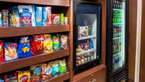 Uma prateleira com petiscos, incluindo salgadinhos e lanches diversos, uma pequena geladeira com bebidas e um freezer com produtos congelados.
