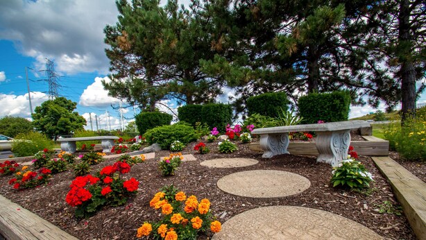 Um jardim com paisagismo, uma trilha de pedra, bancos e diversas plantas floridas.