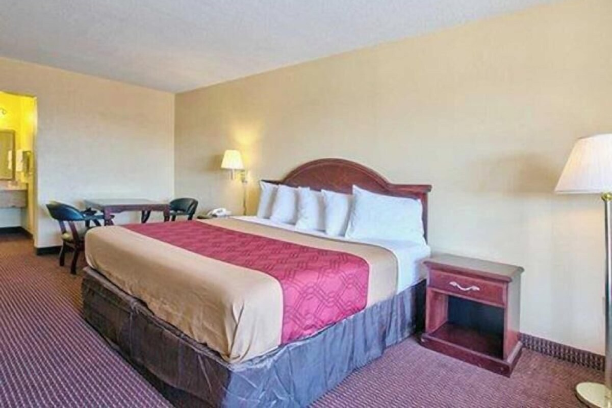 Quarto de hotel com cama, mesa de cabeceira, luminária, cadeira e escrivaninha com telefone.