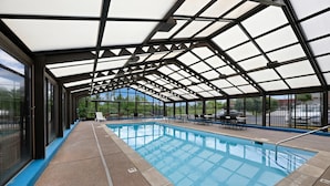 Piscina interior com teto de vidro, área de beira-piscina espaçosa e vista para o exterior.