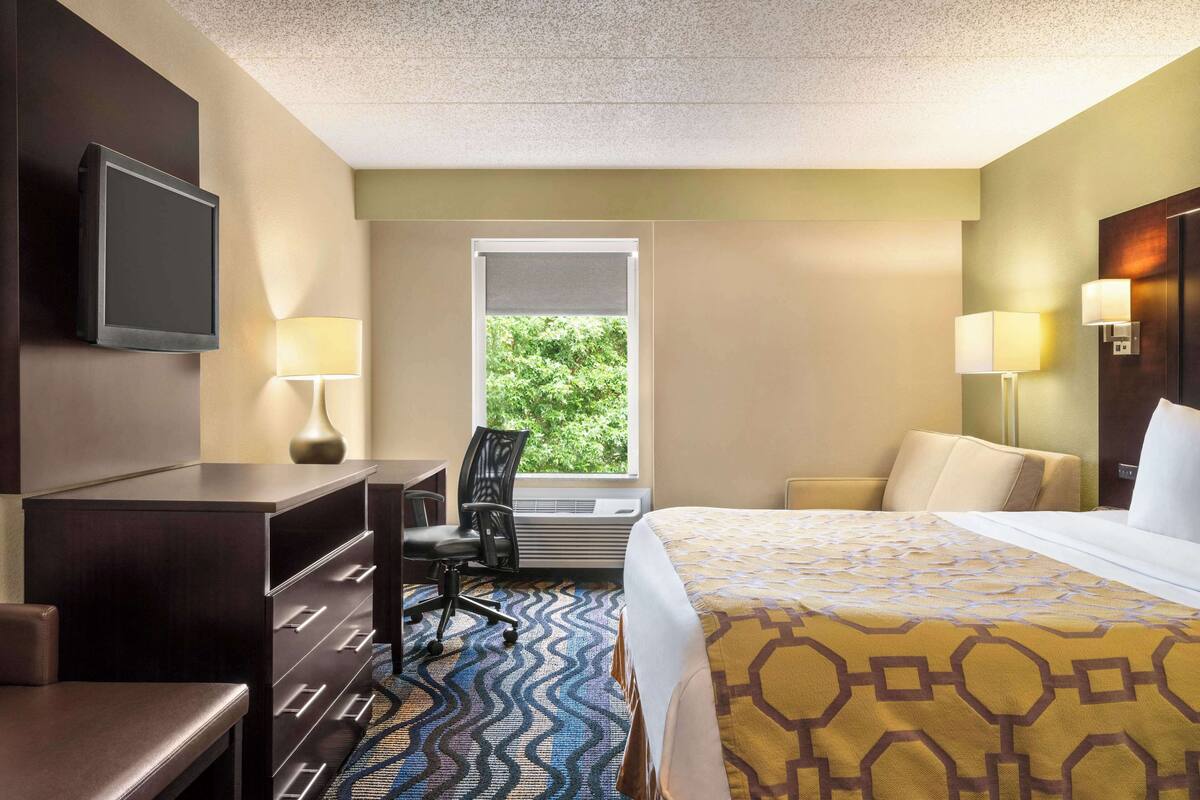 Quarto de hotel com cama, escrivaninha, cadeira, TV e janela com vista para o verde.