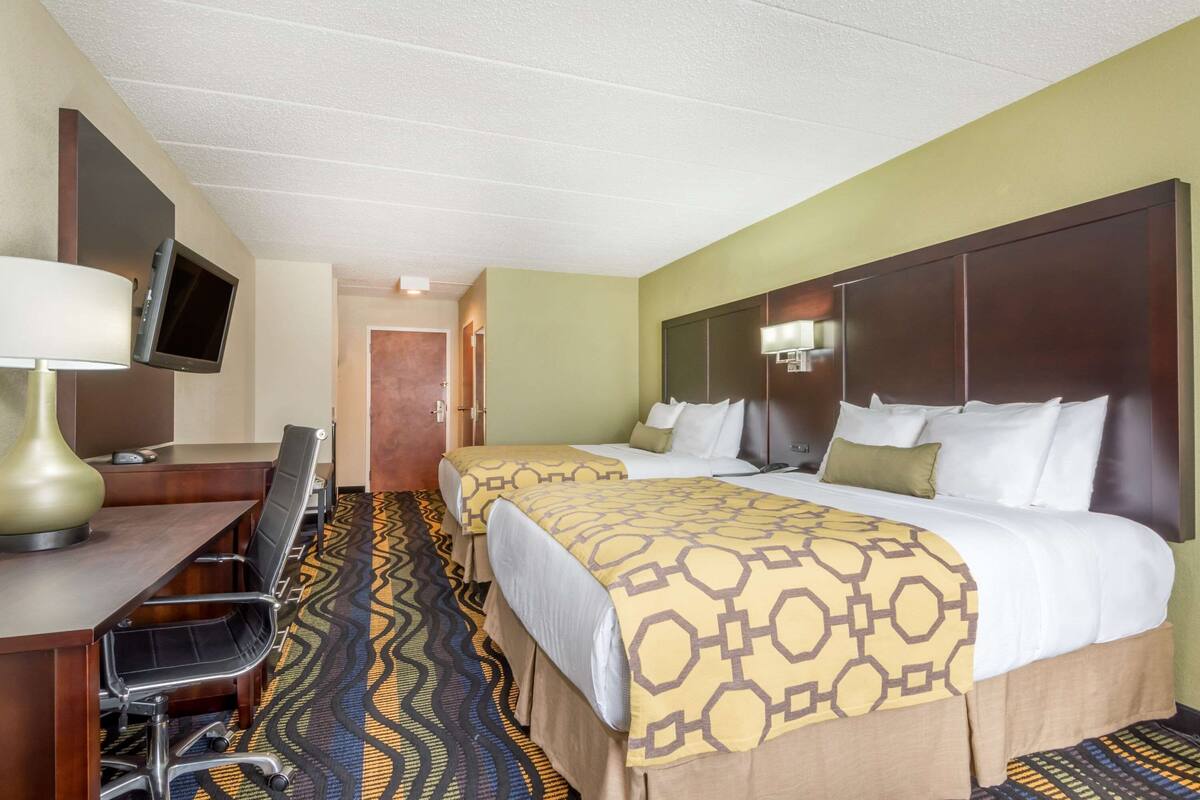 Quarto de hotel com duas camas, uma escrivaninha com cadeira, televisão e carpete estampado.
