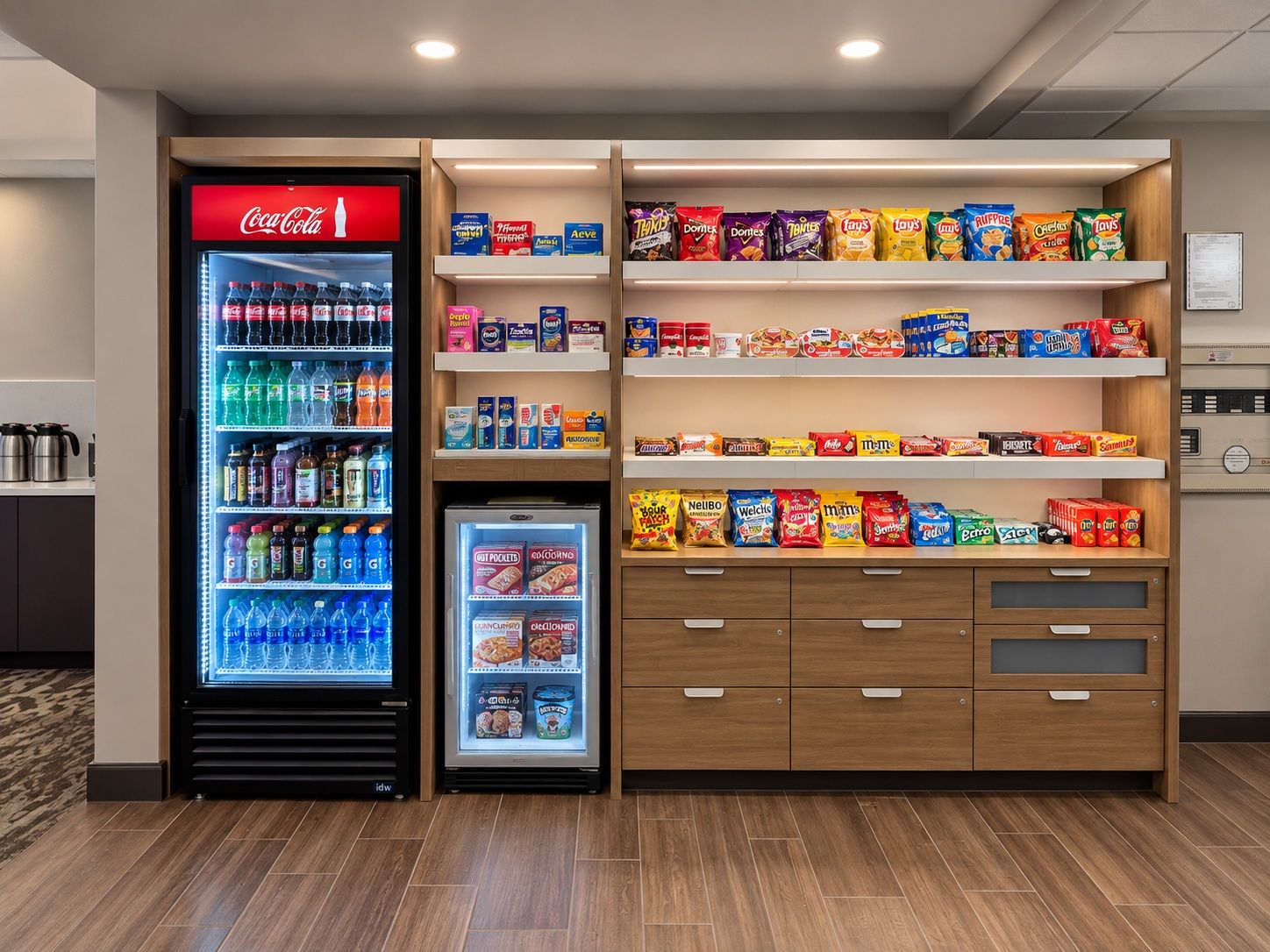 Uma área de máquinas automáticas, com um refrigerador Coca-Cola, outro refrigerador menor e prateleiras cheias de lanches e bebidas.
