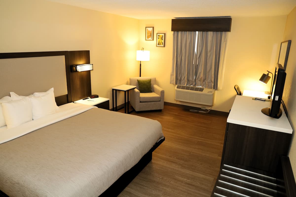 Quarto, 1 cama King, acessível, para não fumantes | Cofres nos quartos, cortinas blackout, ferros/tábuas de passar roupa